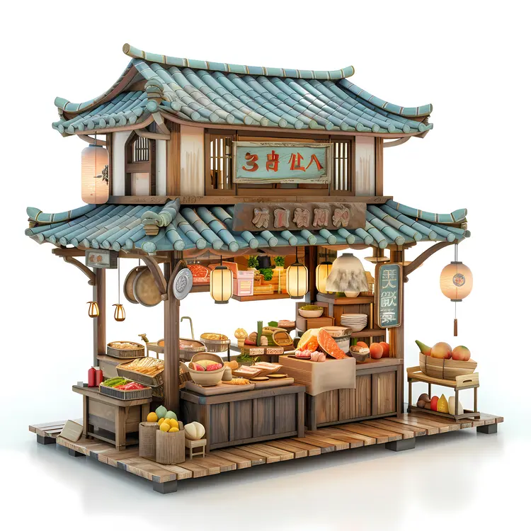 Traditional Wooden Food Stall with Various Snacks