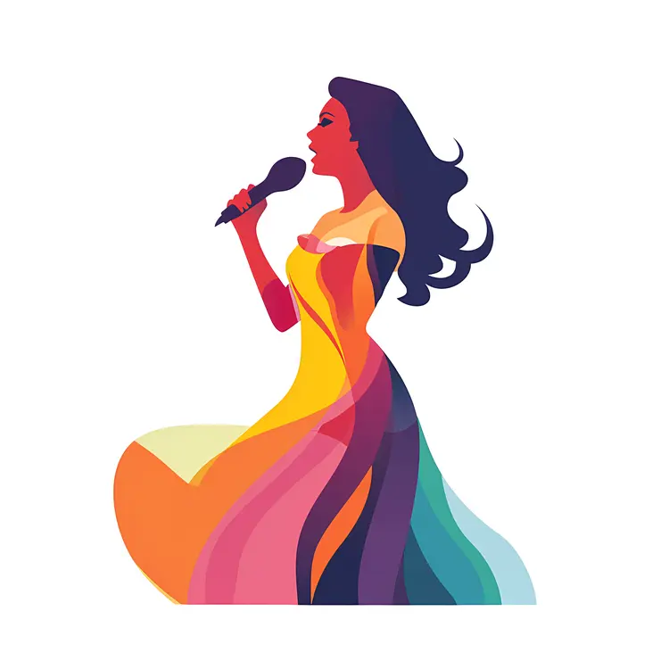 Colorful Singing Woman in Dress with Microphone