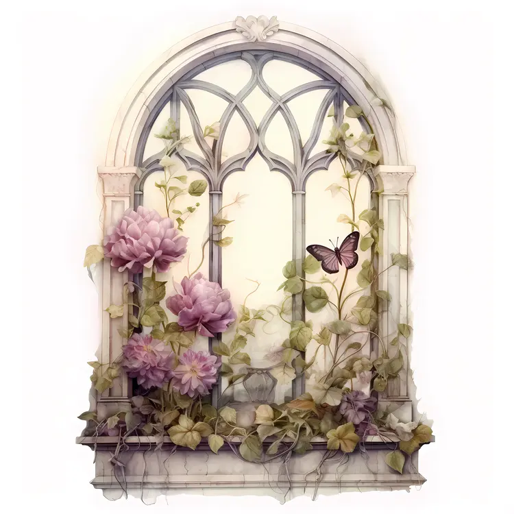 Elegant Window with Flowers and Butterfly