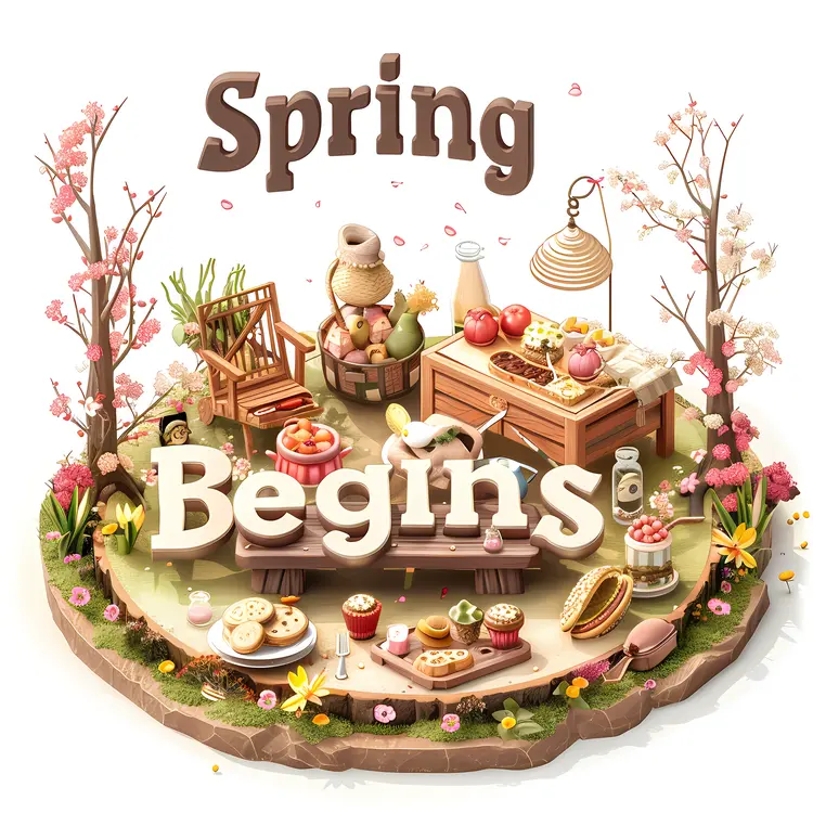 Spring Begins Text with Picnic Setup