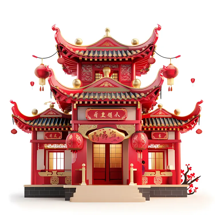 Traditional Chinese House with Red Lanterns