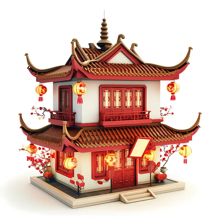 Traditional Chinese House with Red Lanterns