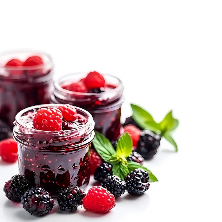 Mixed Berry Jam in Glass Jars with Fresh Berries