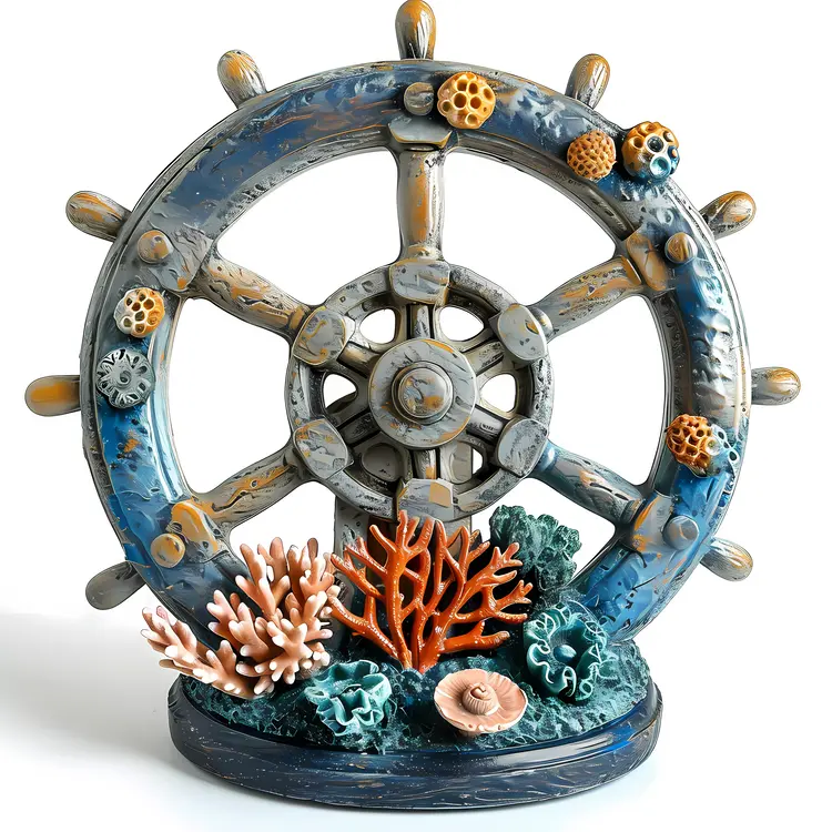 Ship Wheel with Coral and Ocean