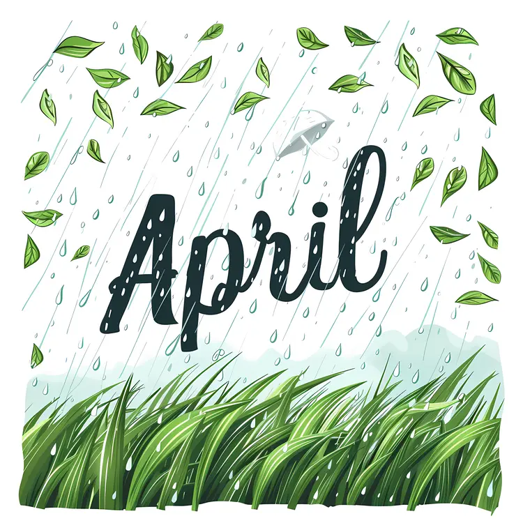 April Text with Grass and Rain Illustration