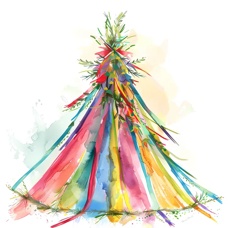 Colorful Ribbons on Decorative Pole for May Day Celebration