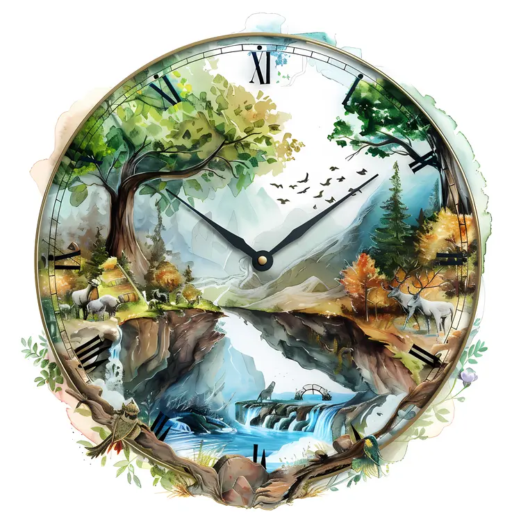Scenic Clock with Mountain and Waterfall