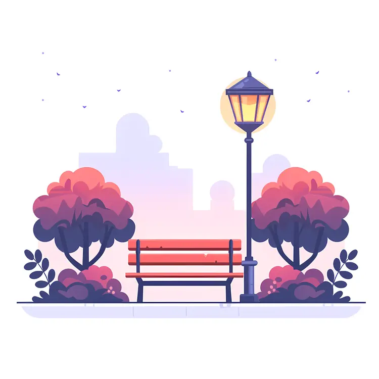 Sunset Park Bench with Lamp Post