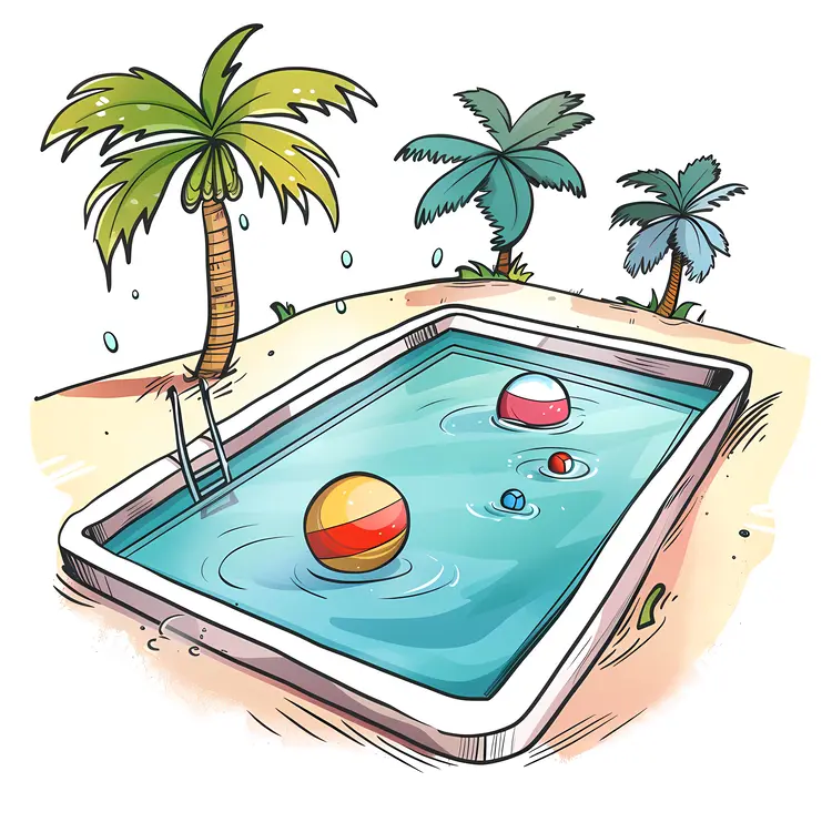 Rectangular Pool with Palm Trees and Beach Balls