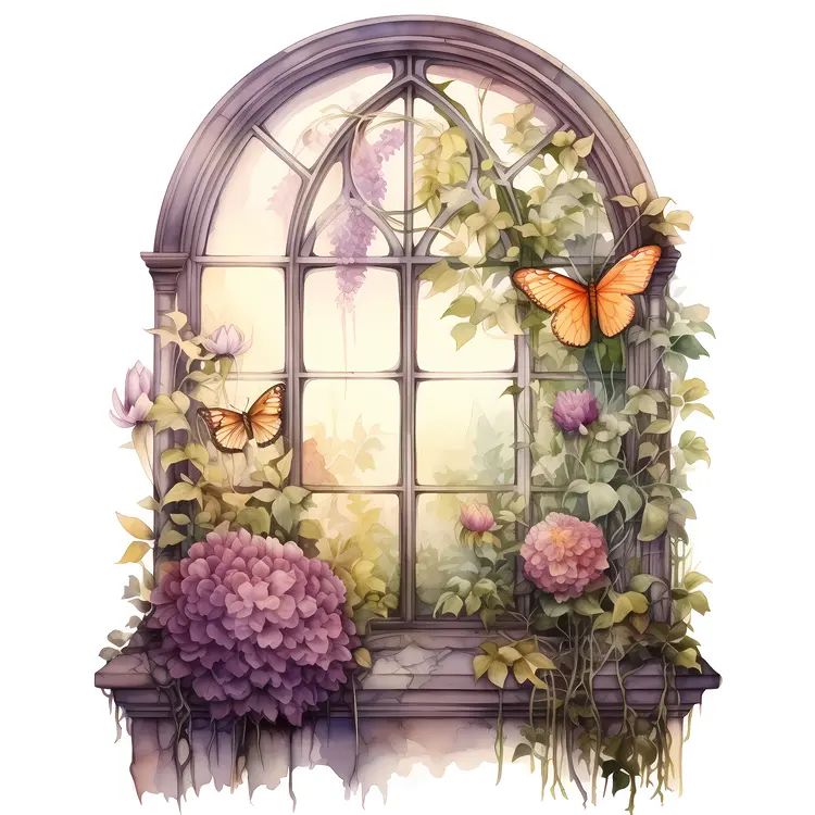 Window with Flowers and Butterflies