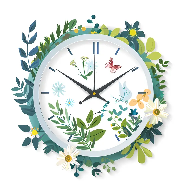 Floral-Themed Clock with Leaves and Flowers