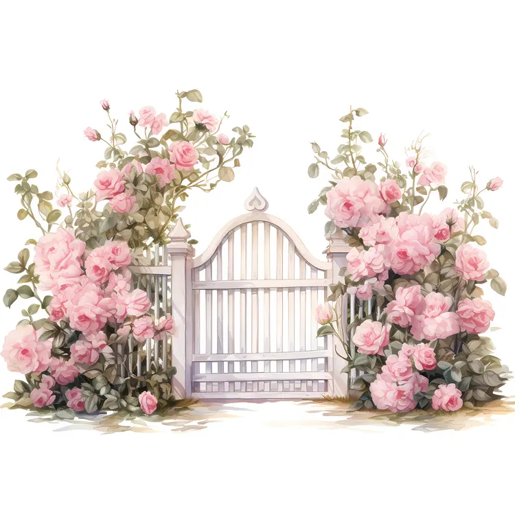 Pink Roses Blooming on a White Garden Gate
