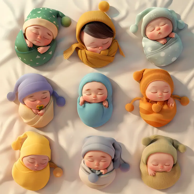 Cute Sleeping Babies in Colorful Swaddles