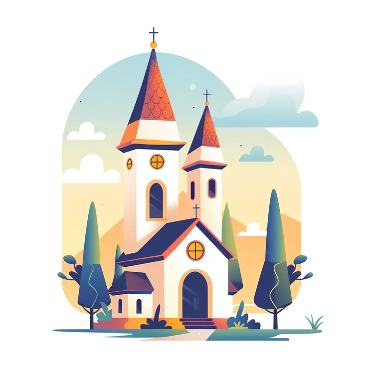 Twin Steeple Church with Trees and Cross