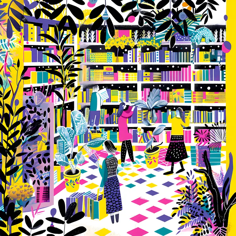 Colorful Library with People