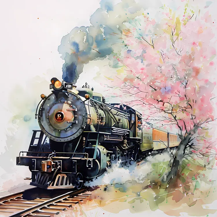 Steam Train Passing Through Cherry Blossoms