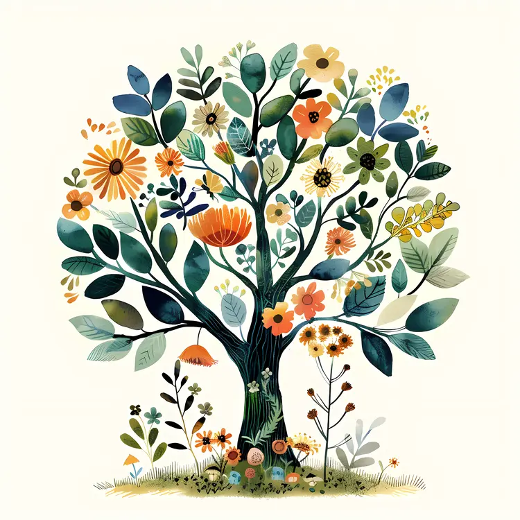 Colorful Tree with Flowers and Leaves