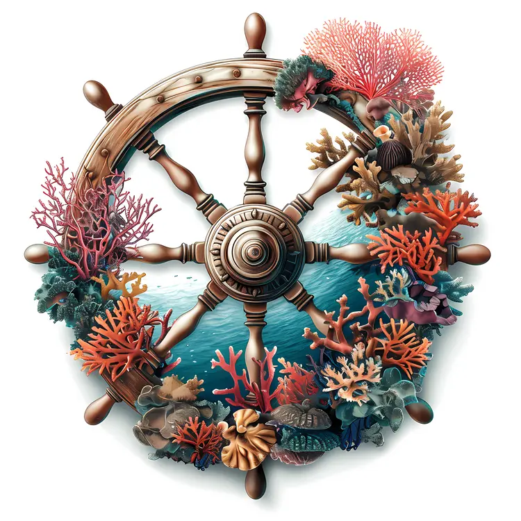 Ship Wheel with Coral and Ocean Background