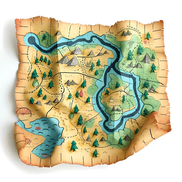 Old Treasure Map with River and Mountains