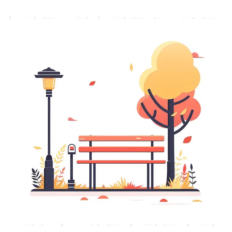 Autumn Park Bench with Tree and Lamp Post