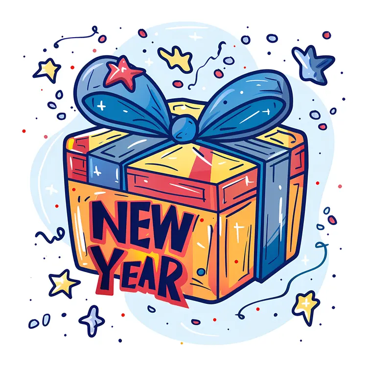 New Year Gift Box with Blue Ribbon