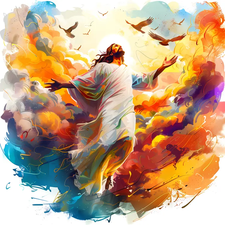 Jesus Ascending with Birds and Clouds