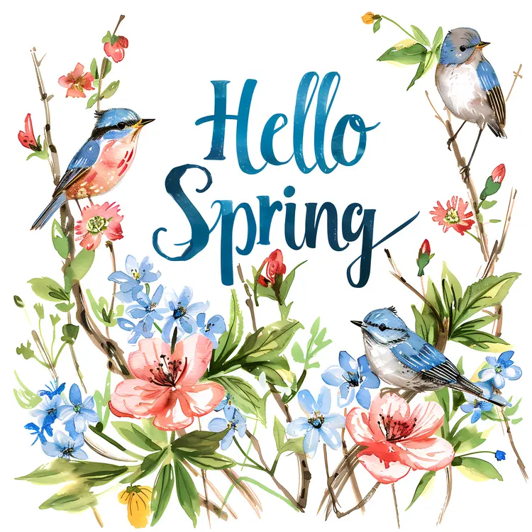 Hello Spring with Blue Birds and Floral Wreath