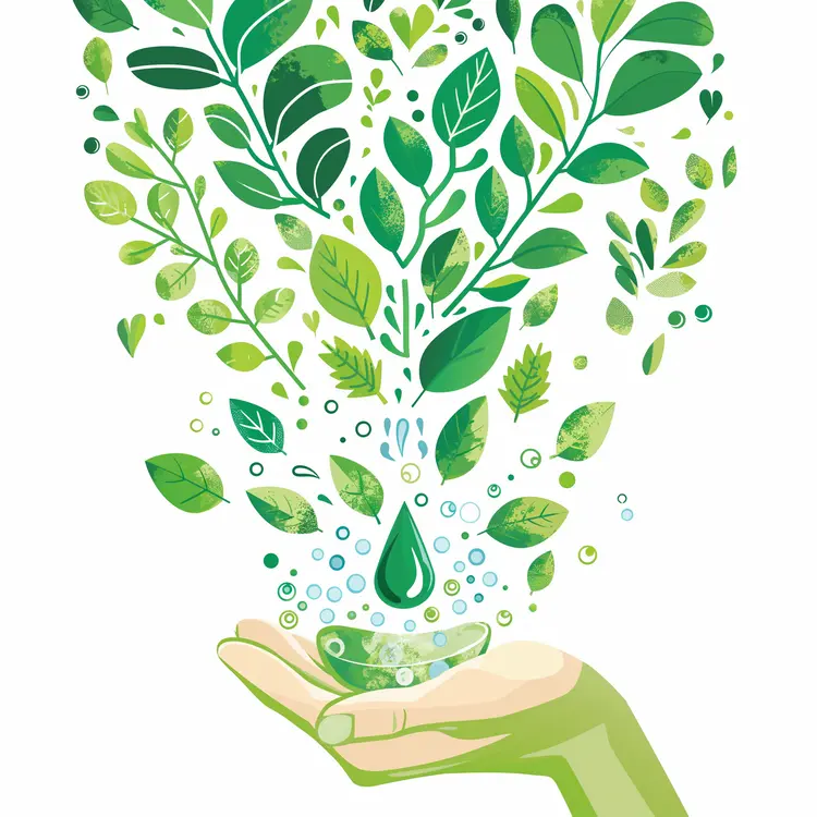 Green Leaves and Water Drop in Hand