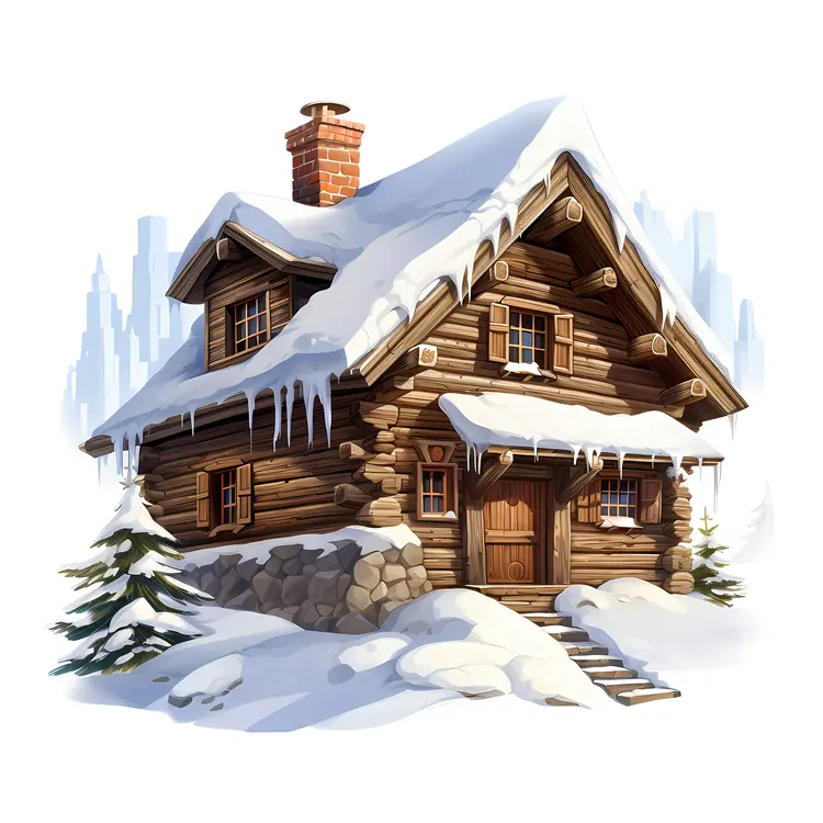 Log cabin with snow and icicles