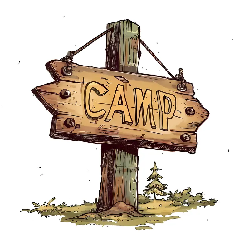 Wooden Camp Sign on Post