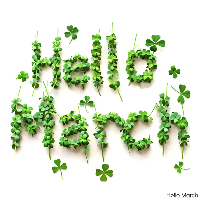 Hello March Text with Clover Leaves