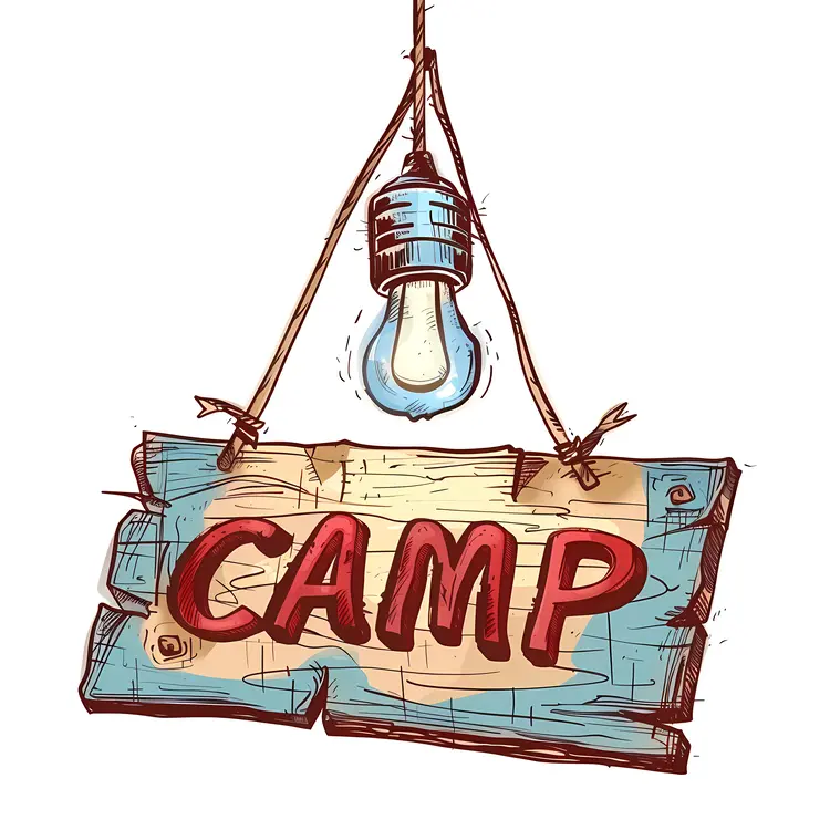 Wooden Camp Sign with Light Bulb