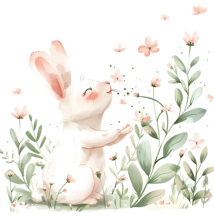 Cute Rabbit with Blossoming Flowers