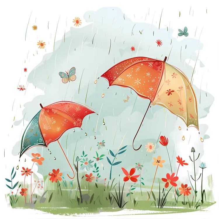 Whimsical Umbrellas and Flowers in the Rain