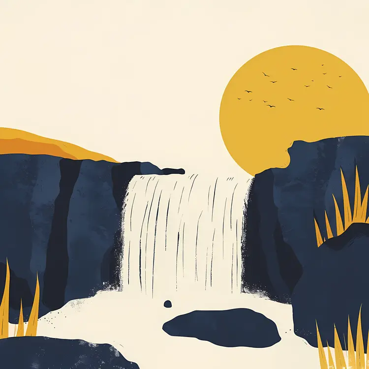 Waterfall with Sun and Cliff