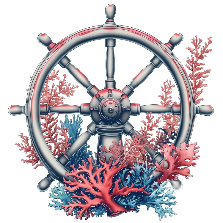 Silver Ship Wheel with Coral
