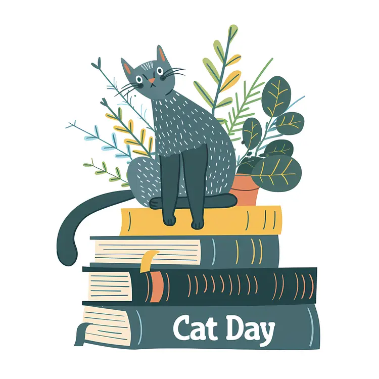 Cute Cat on Stack of Books with Plant