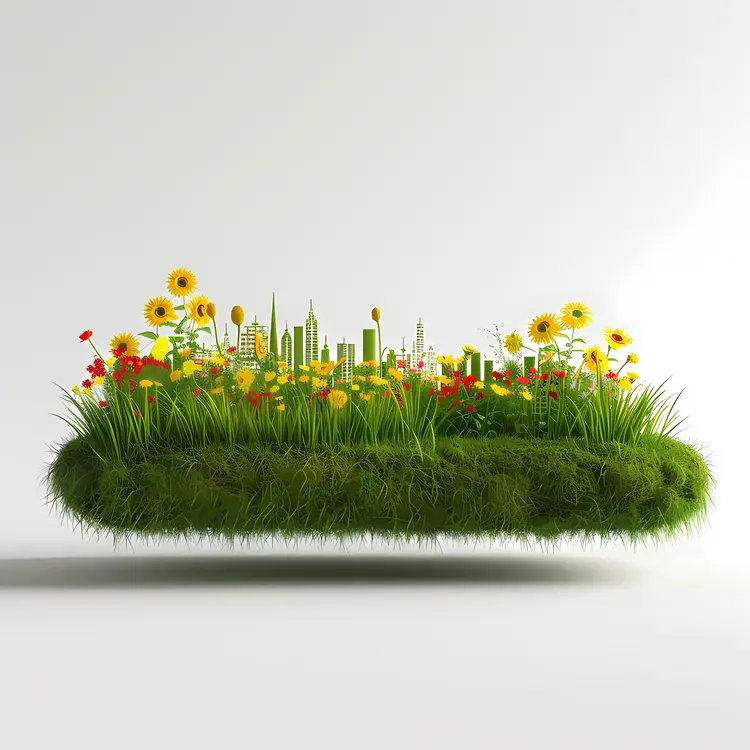 Floating Grass Island with Flowers and Cityscape