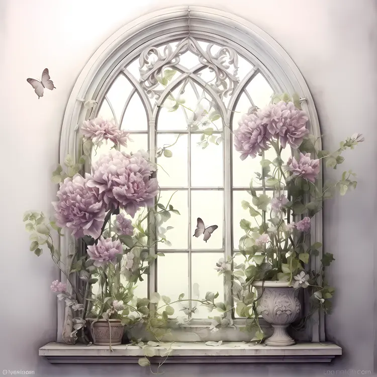 Elegant Window with Flowers and Butterflies