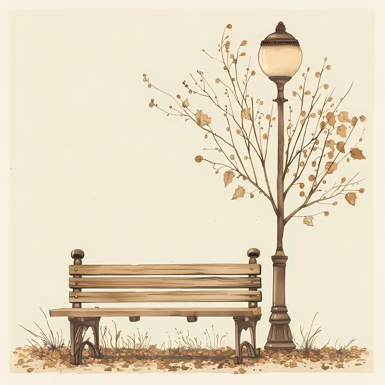 Autumn Park Bench with Lamp Post