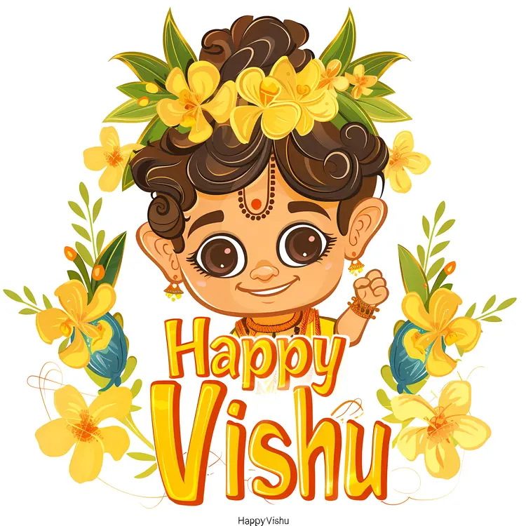 Happy Vishu Text with Child and Floral Design