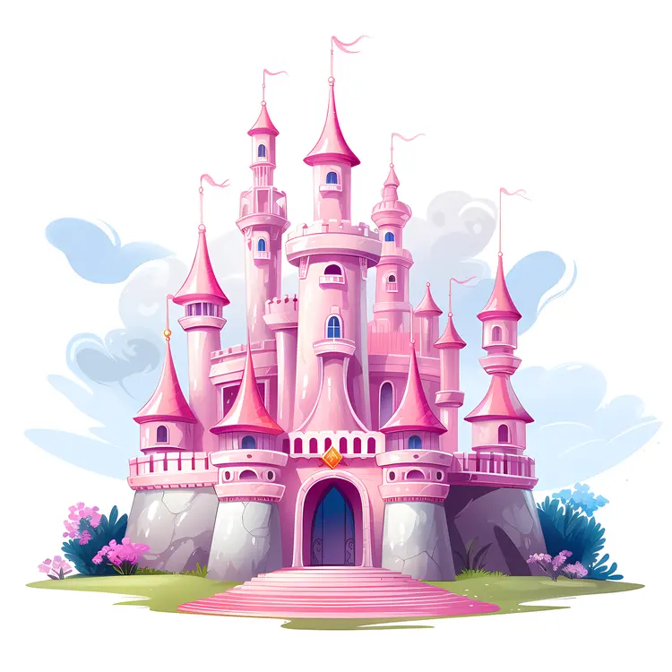 Fantasy Castle with Pink Towers and Blue Sky