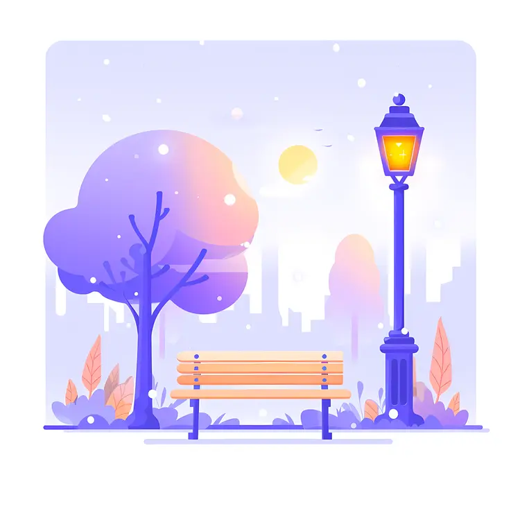 Winter Park Bench with Tree and Lamp Post