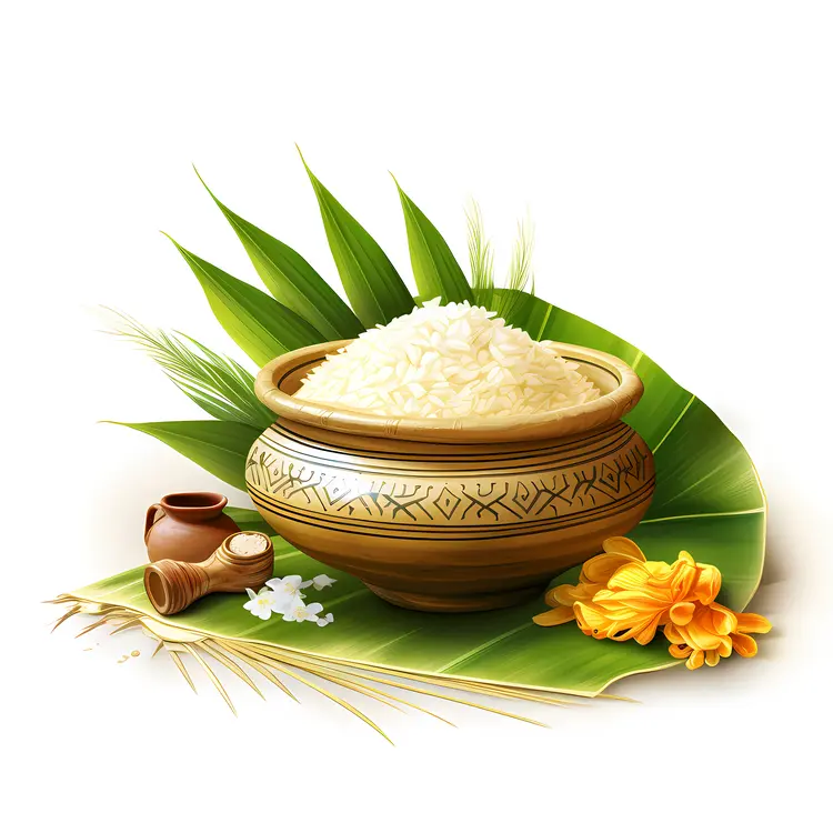 Traditional Rice in Pot with Leaves