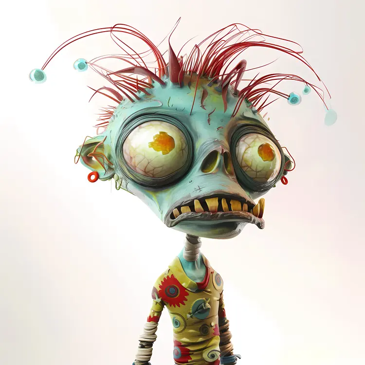 Colorful Cartoon Zombie with Red Hair