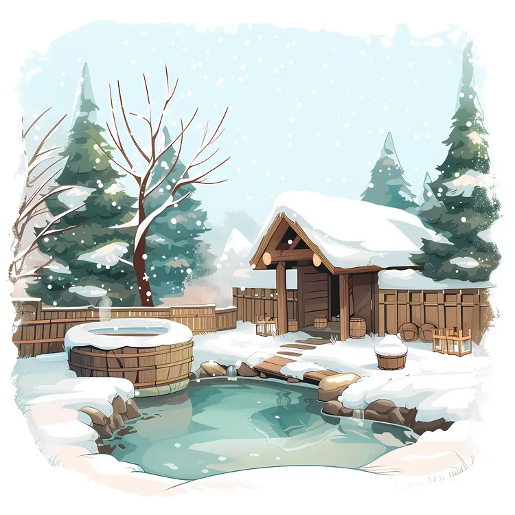 Snowy Hot Spring Winter Scene