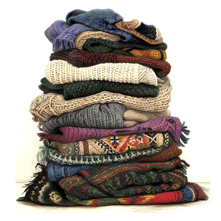 Stack of Patterned Sweaters in Various Designs
