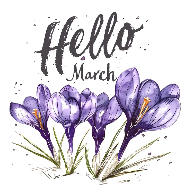 Hello March with Purple Flowers