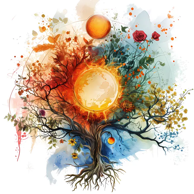 Tree with Sun and Flowers