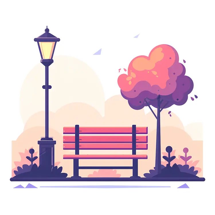 Park Bench with Lamp Post and Tree